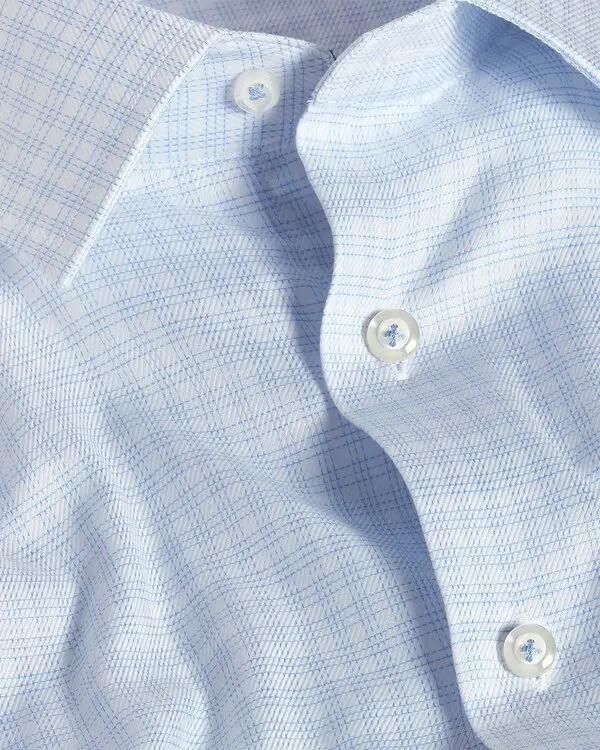 David Donahue Trim Fit Cotton Blend Check Dress Shirt - White/ Sky
