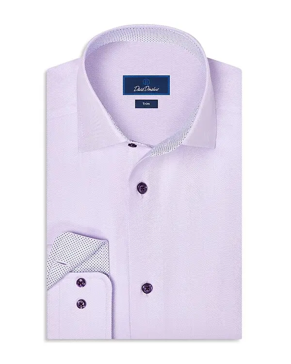 David Donahue Trim Fit Herringbone Contrast Dress Shirt - Lilac