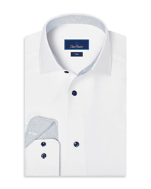 David Donahue Trim Fit Herringbone Contrast Dress Shirt - White