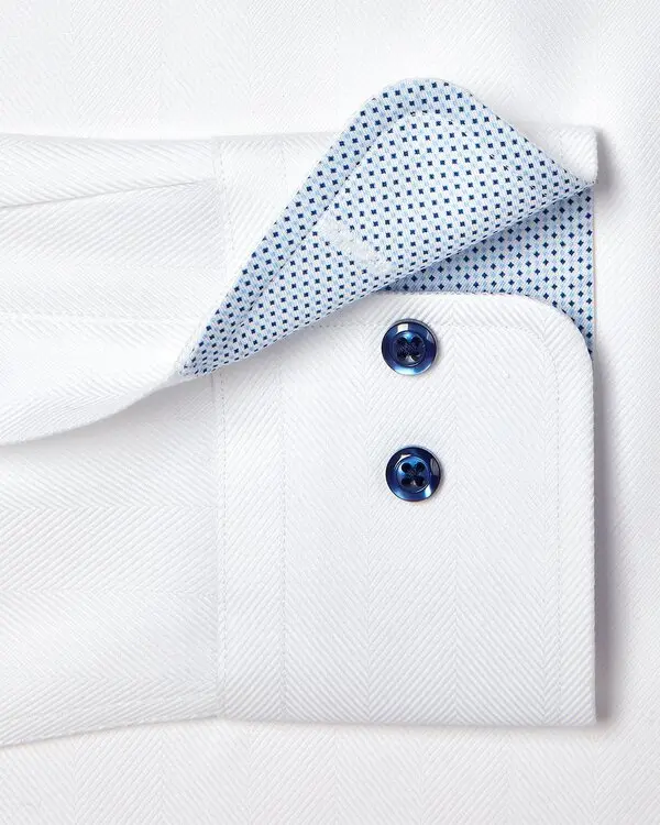 David Donahue Trim Fit Herringbone Contrast Dress Shirt - White