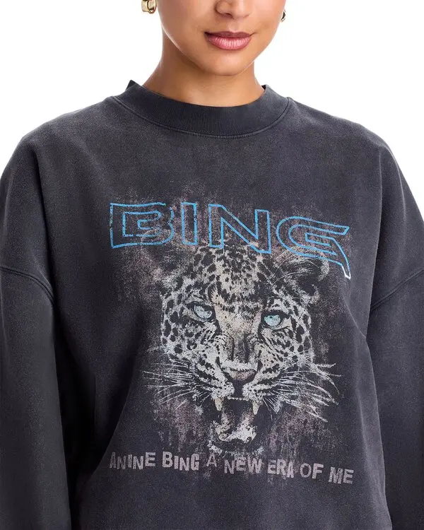 ANINE BING Miles Leopard Graphic Cotton Sweatshirt - Black