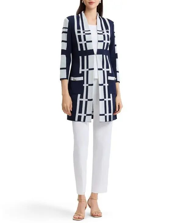 Ming Wang Two-tone Geometric Knit Duster