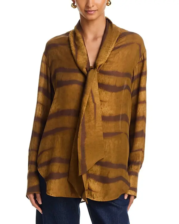 FRAME Silk Oversized Tie Neck Shirt With Animal Print