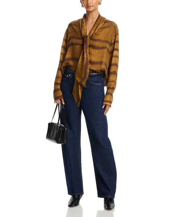 FRAME Silk Oversized Tie Neck Shirt With Animal Print