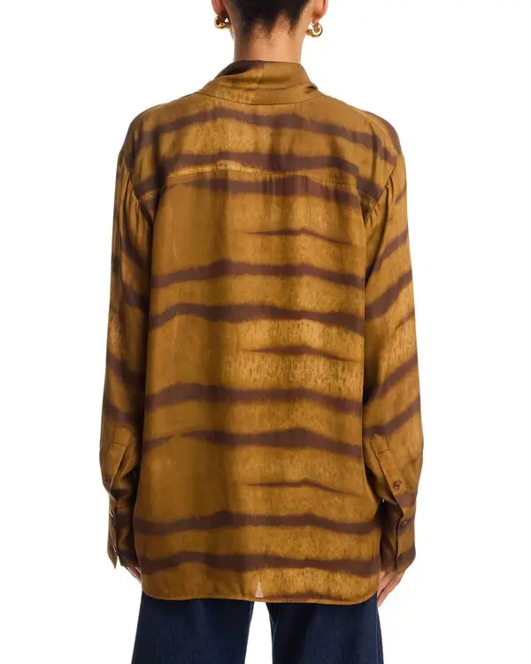 FRAME Silk Oversized Tie Neck Shirt With Animal Print