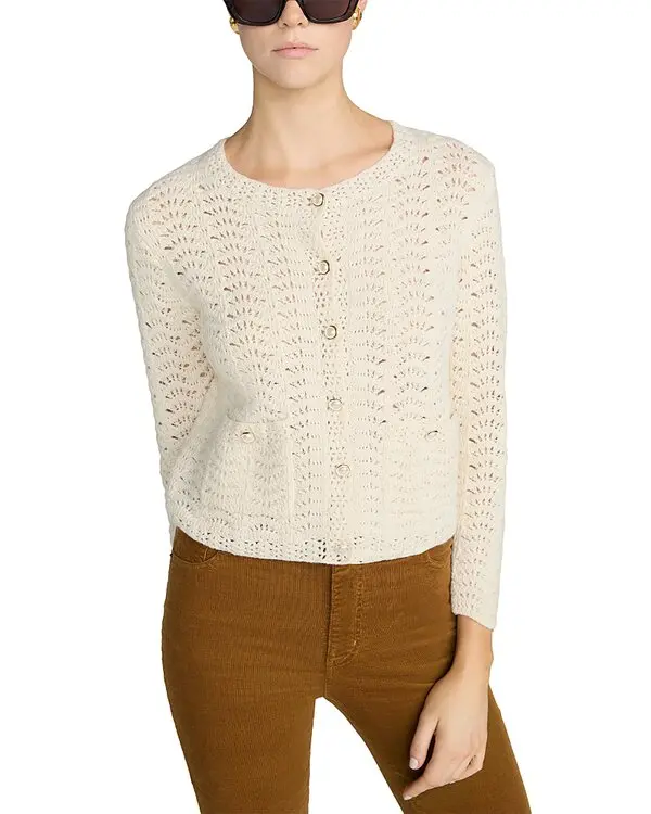FRAME The Chevron Cotton & Wool Crewneck Cardigan Sweater - Biscuit