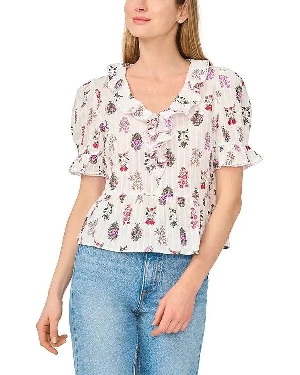 CECE DUPRAZ Ruffled Floral Print Cotton Top - New Ivory