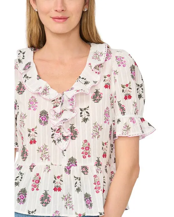 CECE DUPRAZ Ruffled Floral Print Cotton Top