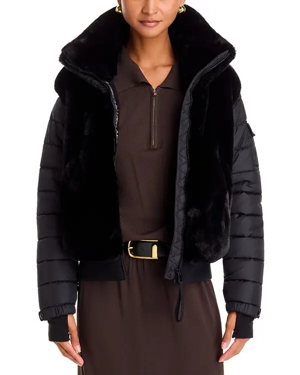 Aqua Faux Fur Mixed Media Bomber Jacket