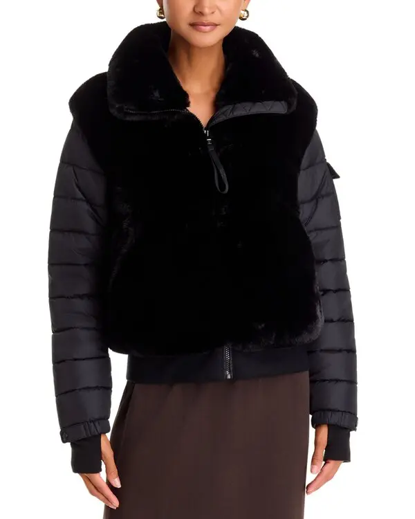 Aqua Faux Fur Mixed Media Bomber Jacket