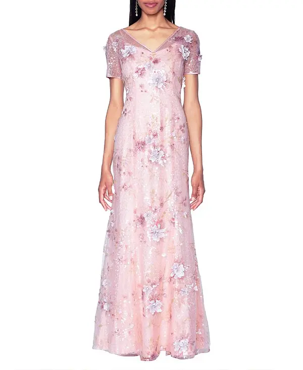 Shani V-neck Embroidered Gown With 3d Floral Applique