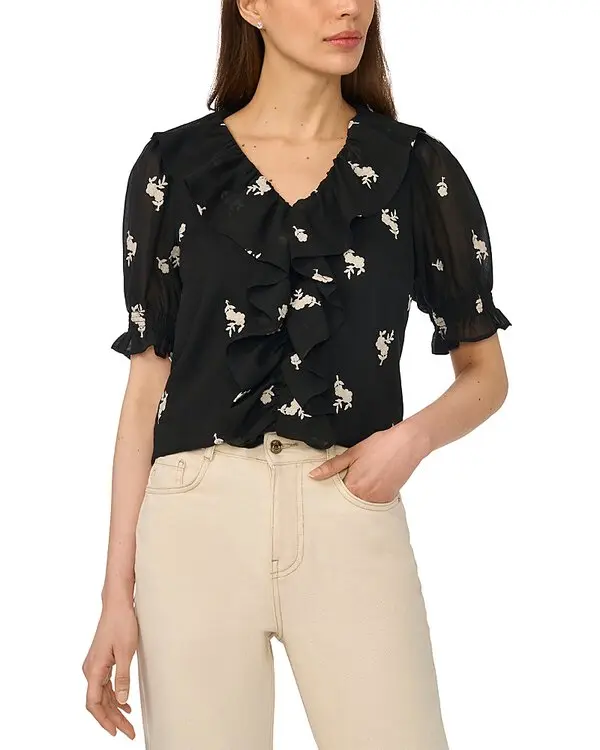CECE DUPRAZ Embroidered Puff Sleeve Top - Rich Black