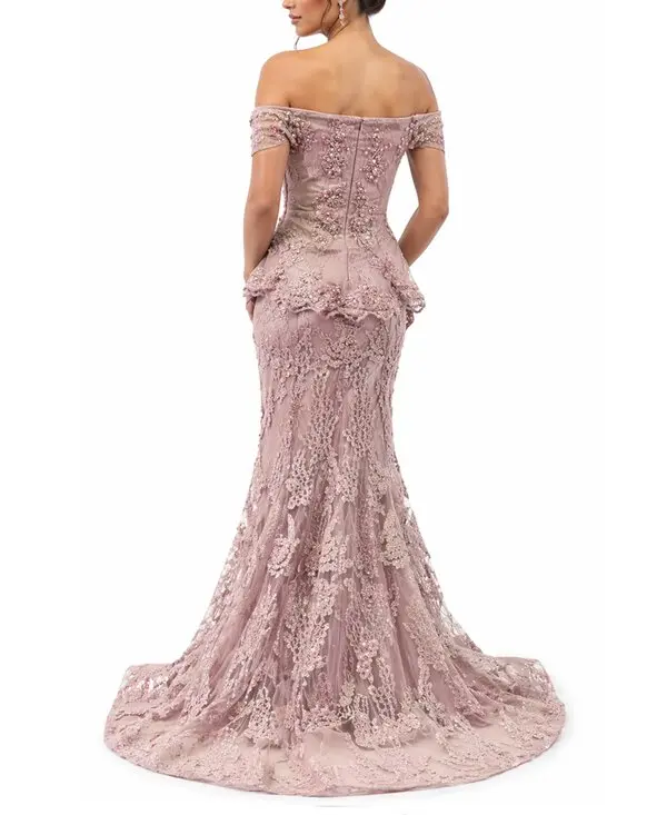 Shani Off The Shoulder Embroidered Gown With 3d Applique