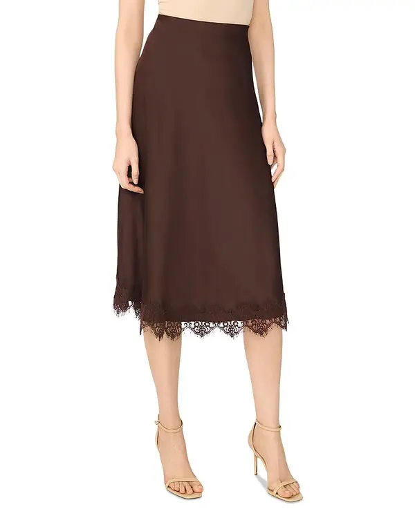 CECE DUPRAZ Satin Lace Trim Midi Skirt - Coffee Bean