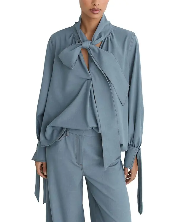 REISS Charlotte Tie Neck Blouse - Light Blue