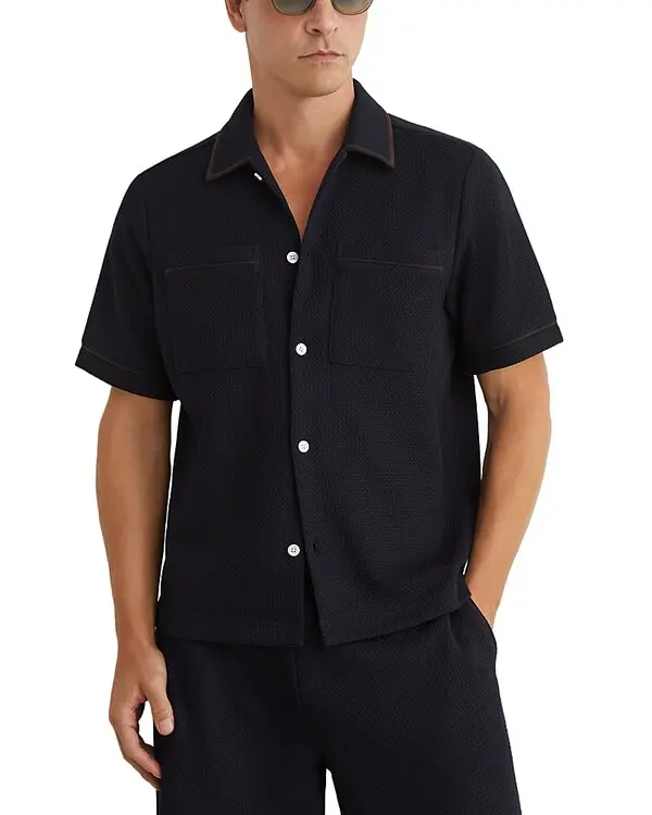 REISS Weaver Short Sleeve Textured Piped Shirt - Navy
