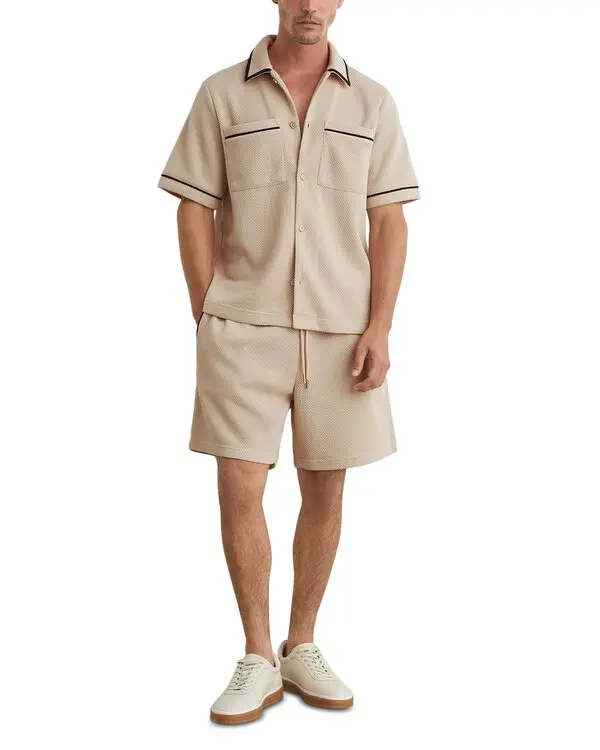 REISS Weaver Short Sleeve Textured Piped Shirt - Stone