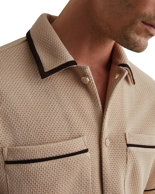 REISS Weaver Short Sleeve Textured Piped Shirt - Stone