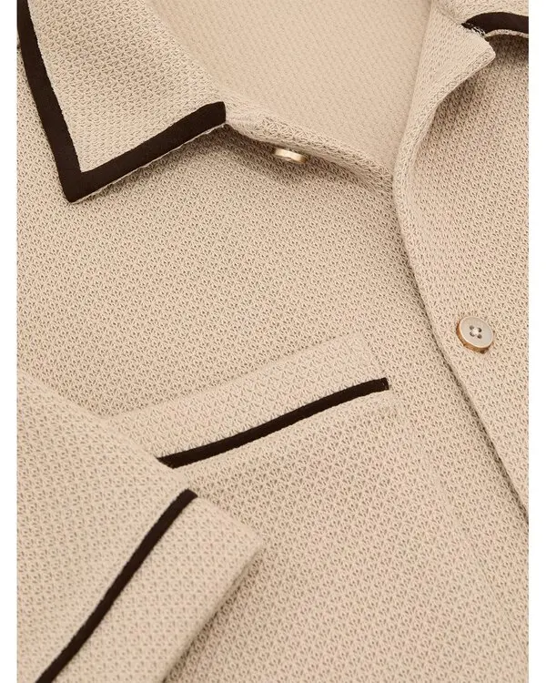 REISS Weaver Short Sleeve Textured Piped Shirt - Stone