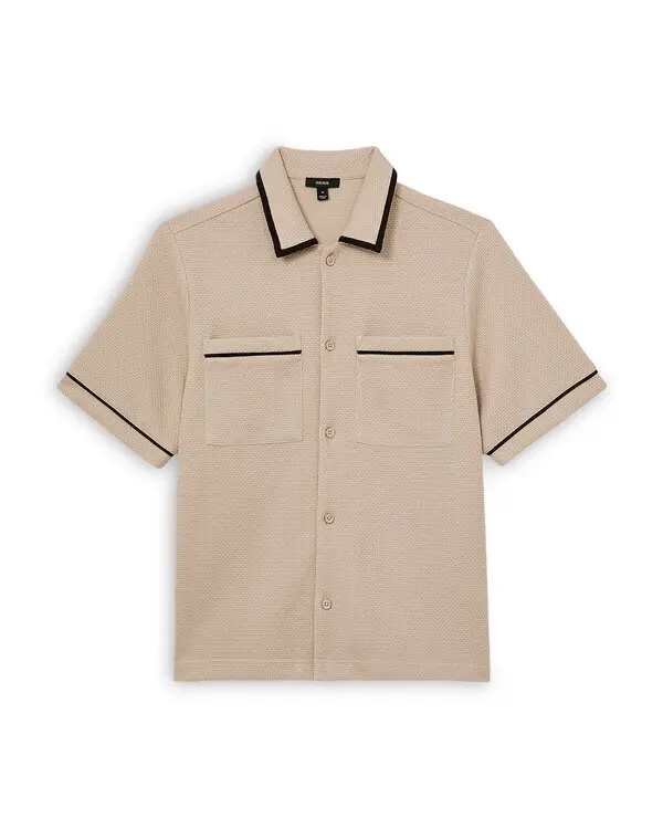 REISS Weaver Short Sleeve Textured Piped Shirt - Stone