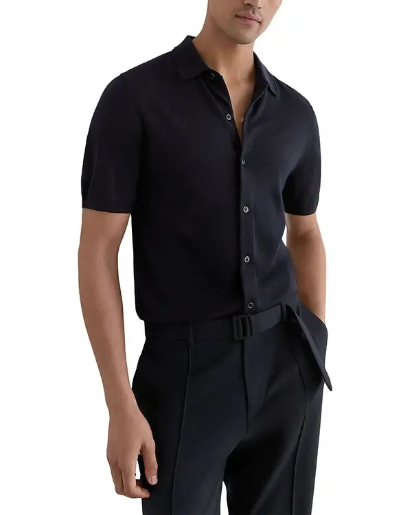 REISS Drayton Merino Wool Knitted Shirt - Navy