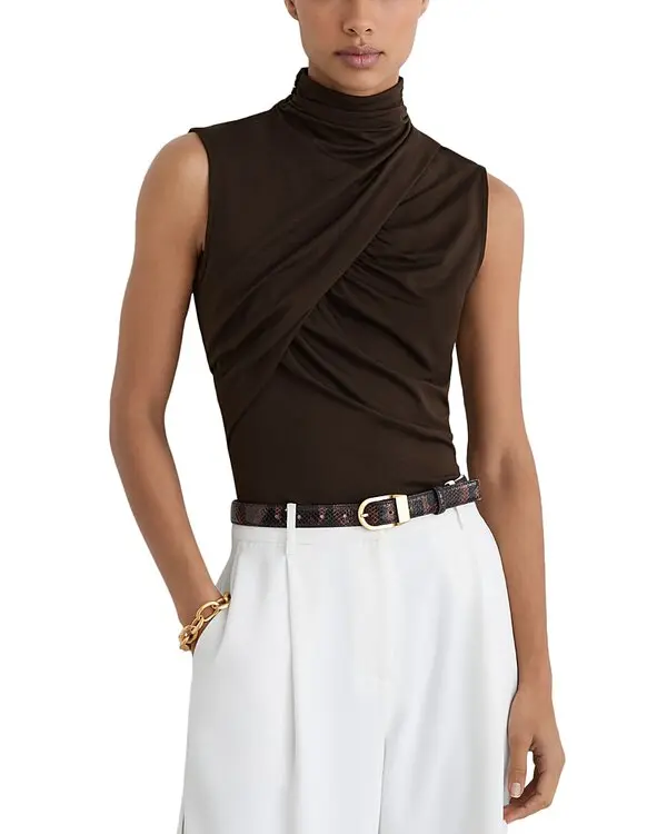REISS Wanda Ruched High Neck Top - Chocolate