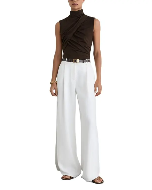 REISS Wanda Ruched High Neck Top - Chocolate
