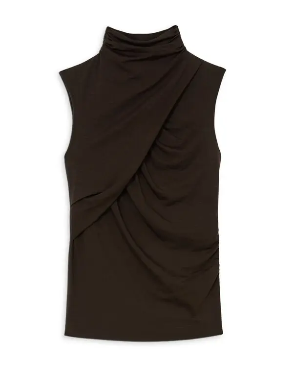 REISS Wanda Ruched High Neck Top - Chocolate