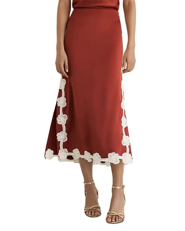 REISS Doa Floral Lace Trim Satin Skirt