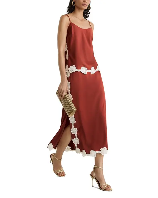 REISS Doa Floral Lace Trim Satin Skirt