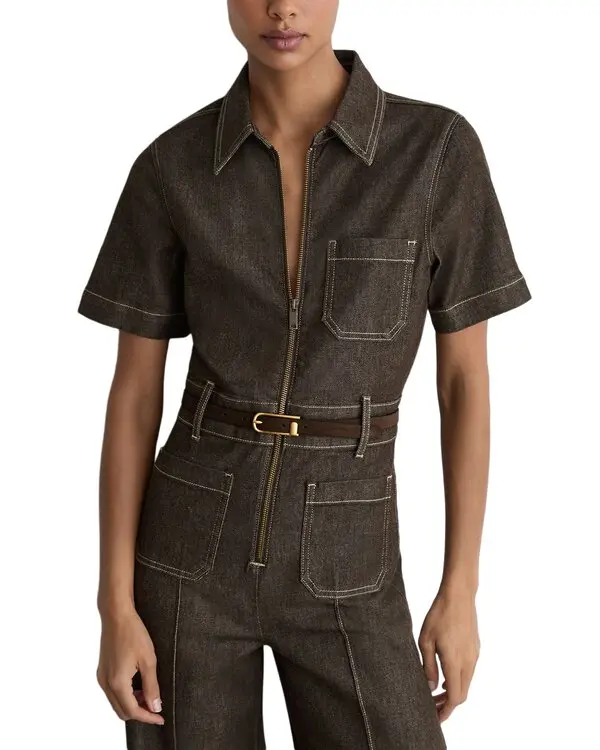 REISS Danie Denim Cotton Stretch Jumpsuit