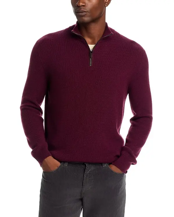 Canali Wool & Cashmere Textured Quarter Zip Knit Sweater - Dark Red