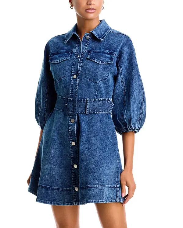 Aqua Denim Bubble Sleeve Button-up Mini Dress