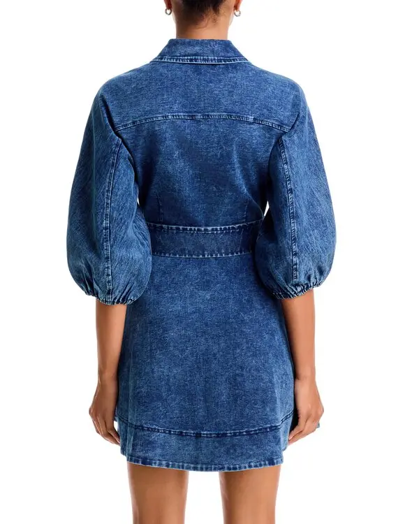Aqua Denim Bubble Sleeve Button-up Mini Dress