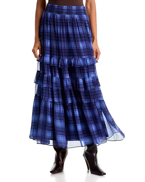 Aqua Plaid Ruffled Tiered Maxi Skirt