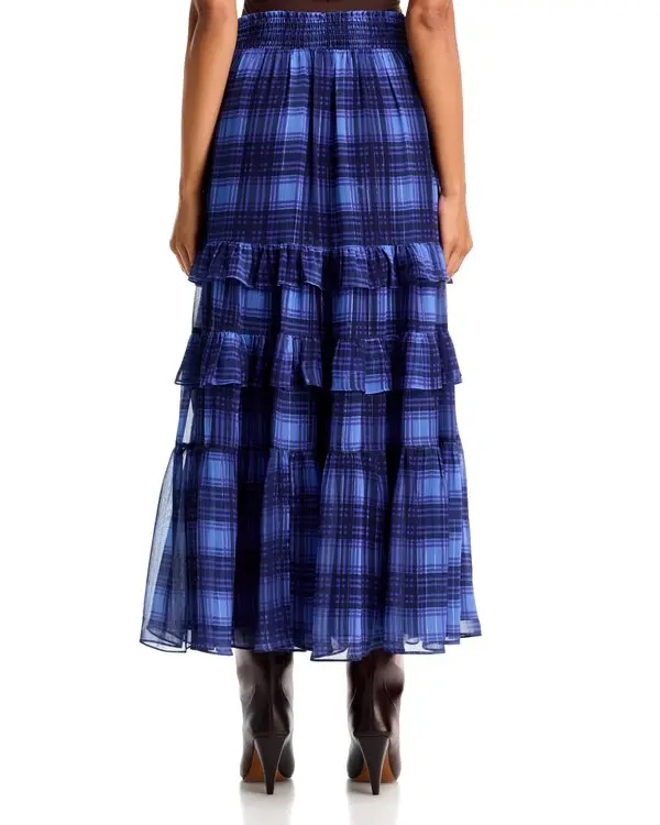 Aqua Plaid Ruffled Tiered Maxi Skirt