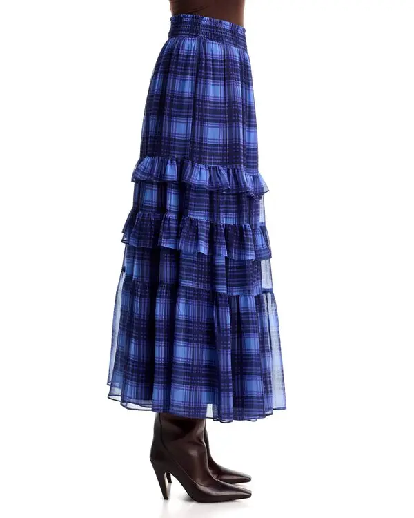 Aqua Plaid Ruffled Tiered Maxi Skirt