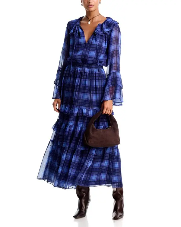 Aqua Plaid Ruffled Tiered Maxi Skirt