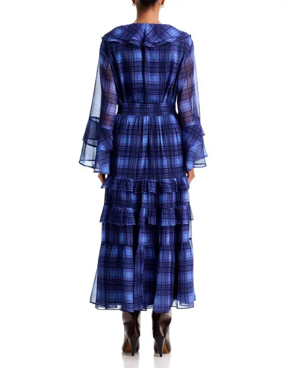 Aqua Plaid Ruffled Tiered Maxi Skirt