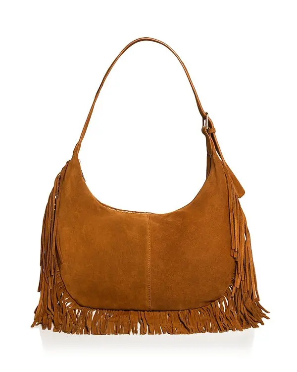 Aqua Large Fringed Suede Hobo Bag Exclusive - Cognac