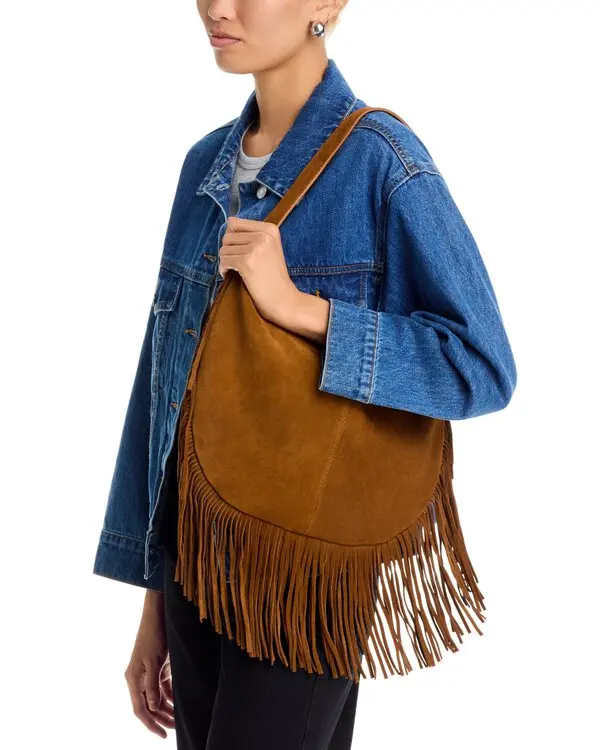 Aqua Large Fringed Suede Hobo Bag Exclusive - Cognac