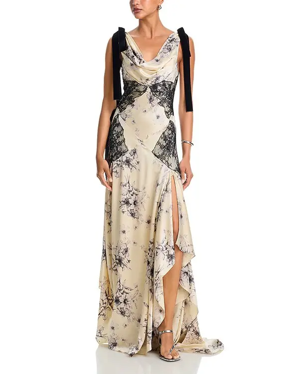 Cinq À Sept Hand-sketched Floral Silk Gown With Lace Accents - Gardenia/black