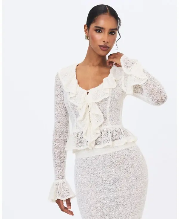 MISS CIRCLE NEW YORK Urva Crochet Ruffle Detail V-neck Top