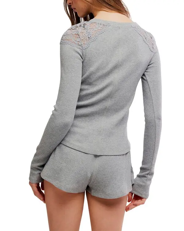 Free People Lace Trimmed Long Sleeve Top And Shorts Sleepwear Set - Heather Grey