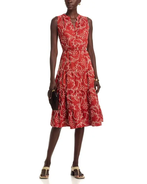 T Tahari Sleeveless Tiered Midi Dress With Embroidered Floral Detail