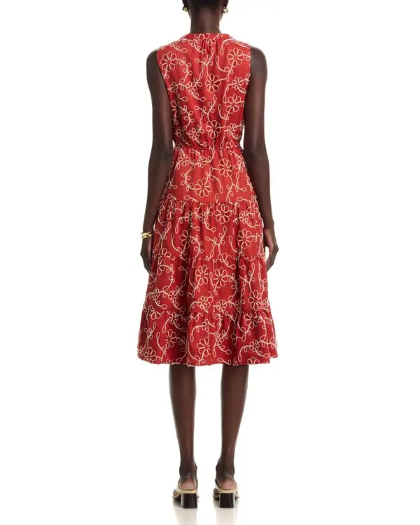 T Tahari Sleeveless Tiered Midi Dress With Embroidered Floral Detail