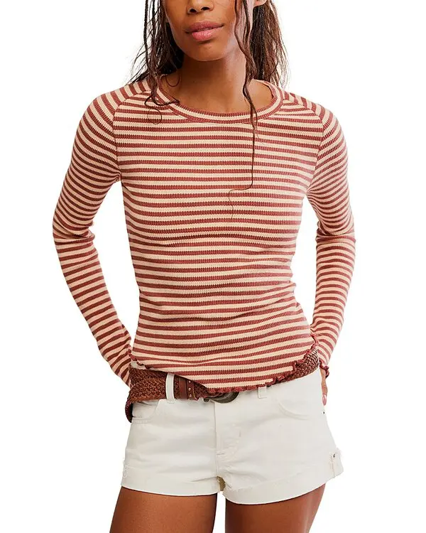 Free People Easy Does It Striped Crewneck Long Sleeve Tee - Brown Combo