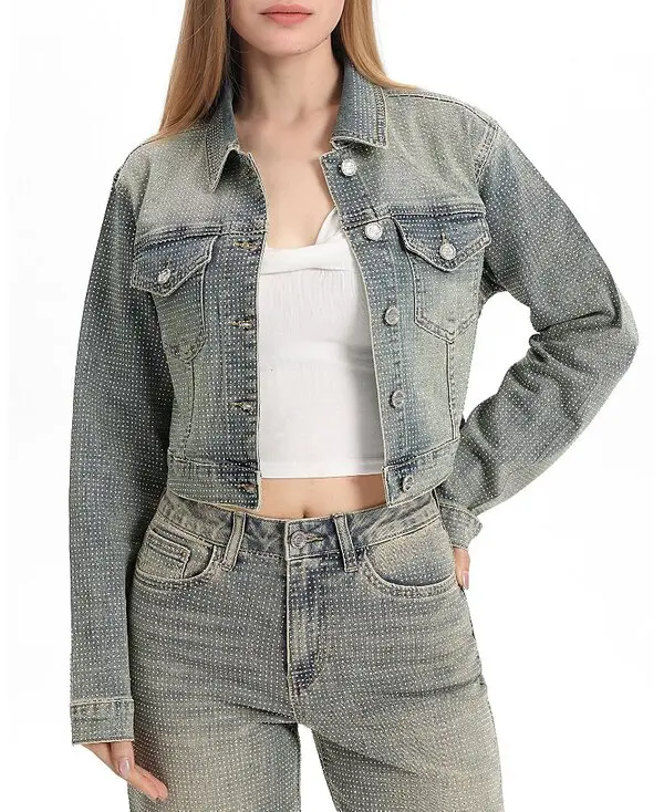 BAYEAS Denim Jacket With Rhinestone Stretch Comfortable Wear In Pureedge
