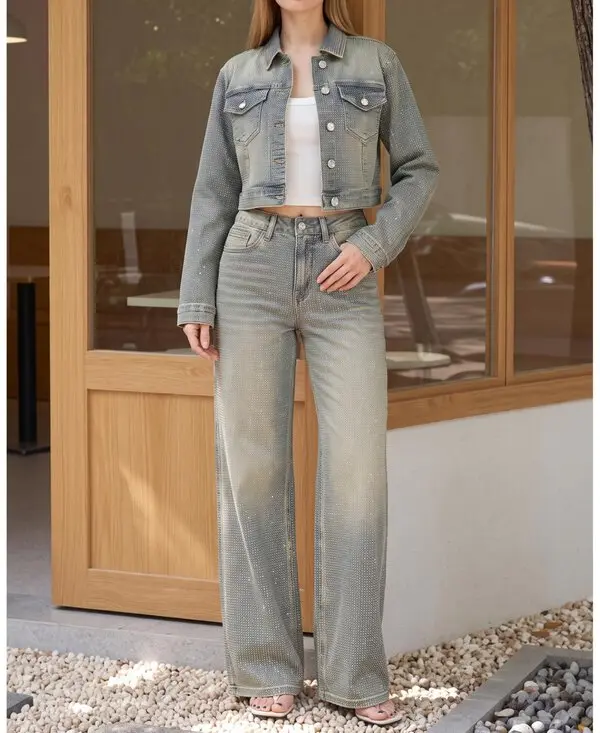 BAYEAS Denim Jacket With Rhinestone Stretch Comfortable Wear In Pureedge