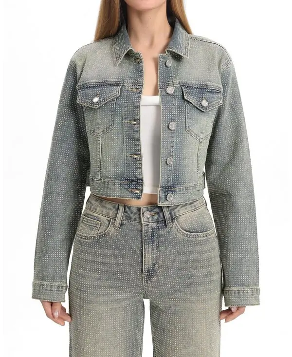 BAYEAS Denim Jacket With Rhinestone Stretch Comfortable Wear In Pureedge